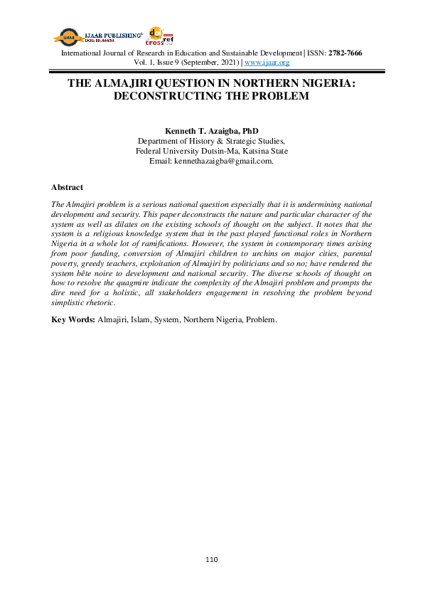 (PDF) THE ALMAJIRI QUESTION IN NORTHERN NIGERIA: DECONSTRUCTING THE PROBLEM