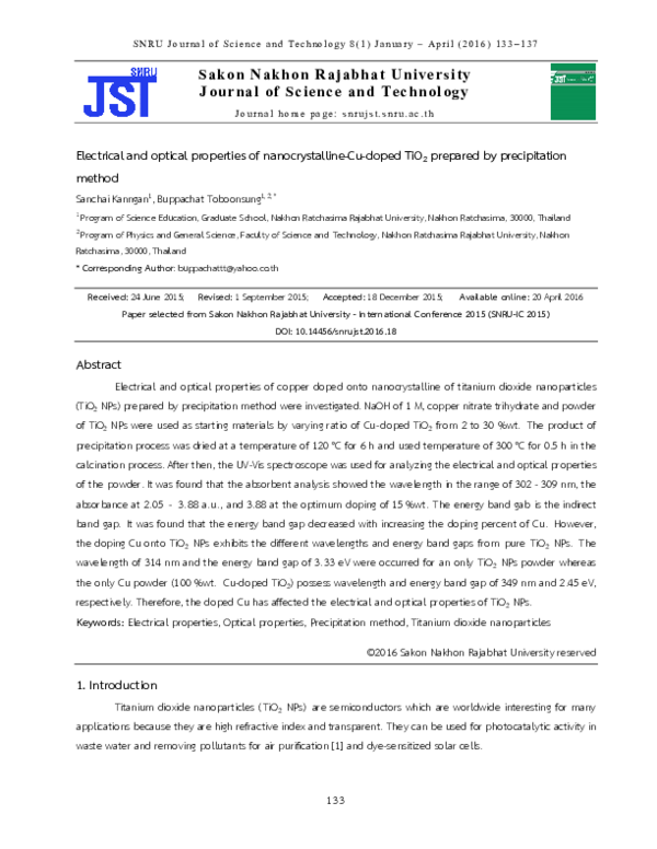 (PDF) Electrical and optical properties of nanocrystalline-Cu-doped TiO2 prepared by ...