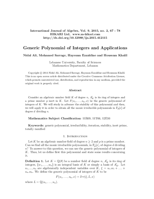 (PDF) Generic polynomial of integers and applications