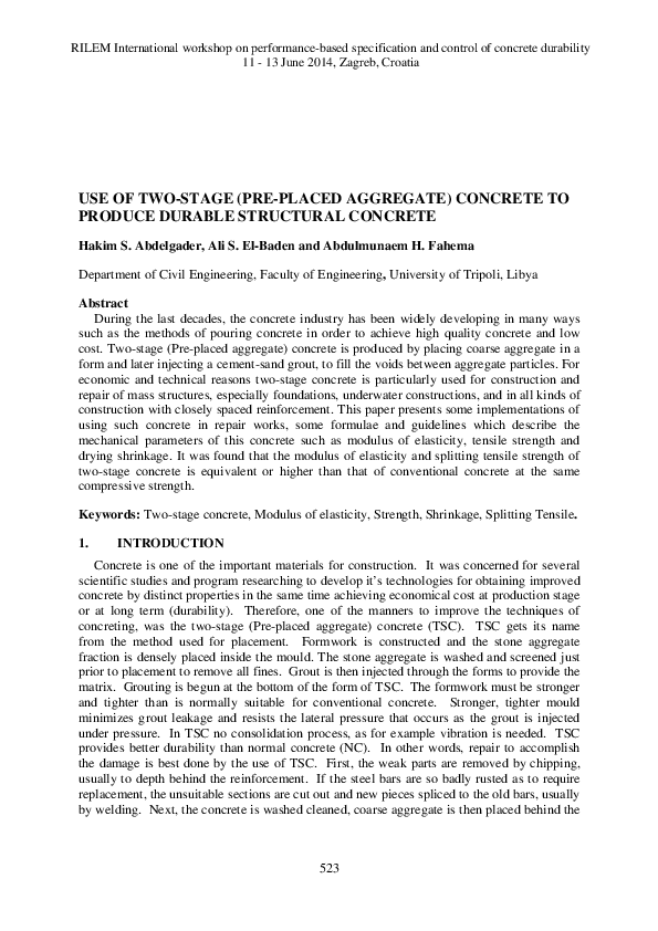 (PDF) Use of Two-Stage ( Pre-Placed Aggregate ) Concrete to Produce ...