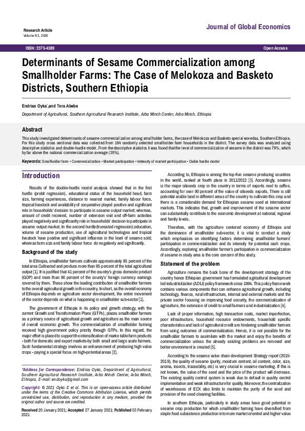 (PDF) Determinants of Sesame Commercialization among Smallholder Farms ...