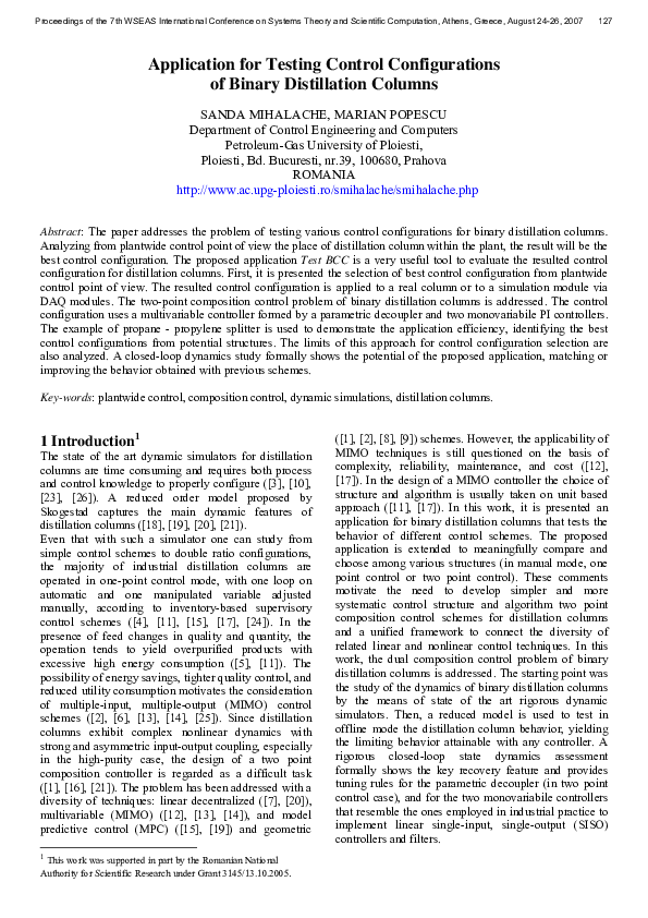 Pdf Application For Testing Control Configurations Of Binary Distillation Columns