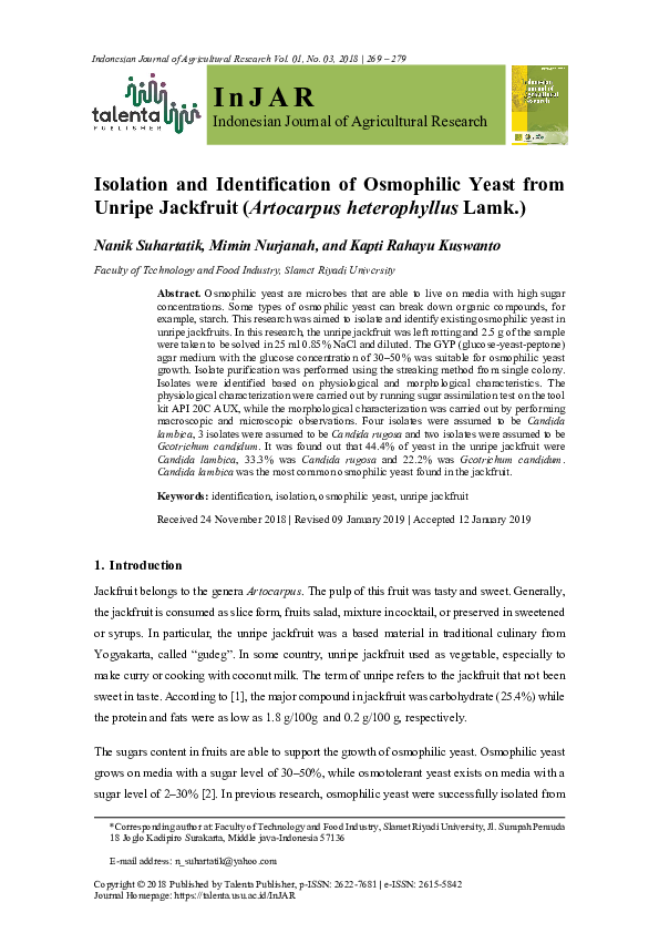 (PDF) Isolation and Identification of Osmophilic Yeast from unripe Jackfruit (Artocarpus ...