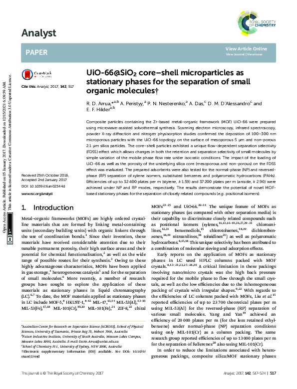 (PDF) UiO-66@SiO2 core-shell microparticles as stationary phases for the separation of small ...