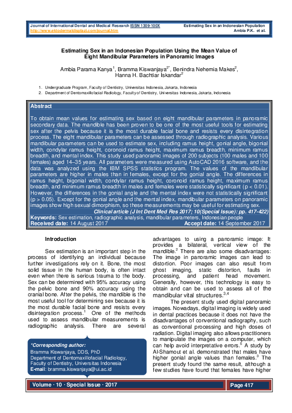 Pdf Estimating Sex In An Indonesian Population Using The Mean Value