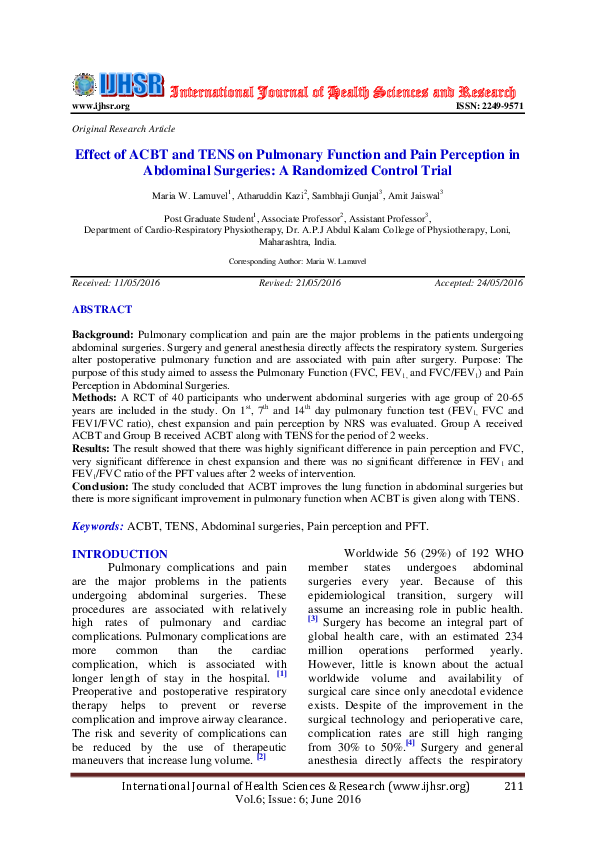 (PDF) Effect of ACBT and TENS on Pulmonary Function and Pain Perception ...