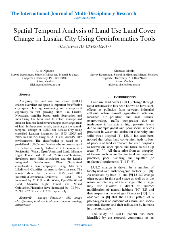 (PDF) Spatial Temporal Analysis of Land Use Land Cover Change in Lusaka City Using ...