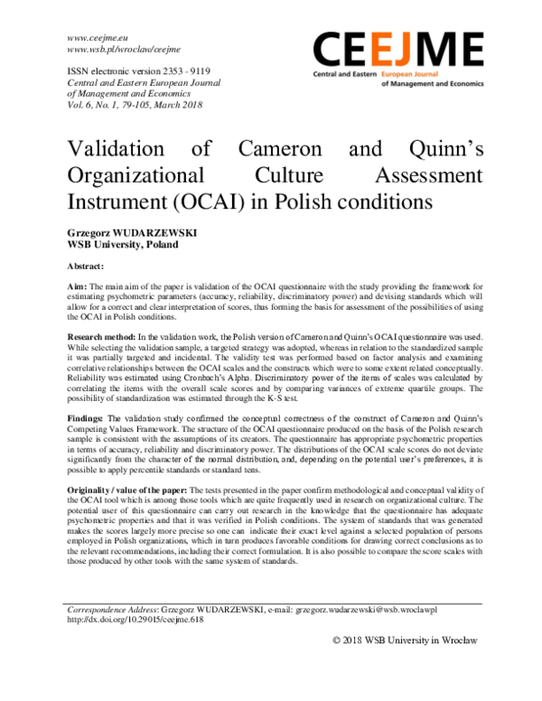 (PDF) Validation of Cameron and Quinn's Organizational Culture ...