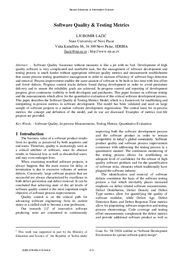 (PDF) Software Quality & Testing Metrics