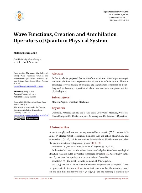(PDF) Wave Functions, Creation and Annihilation Operators of Quantum ...