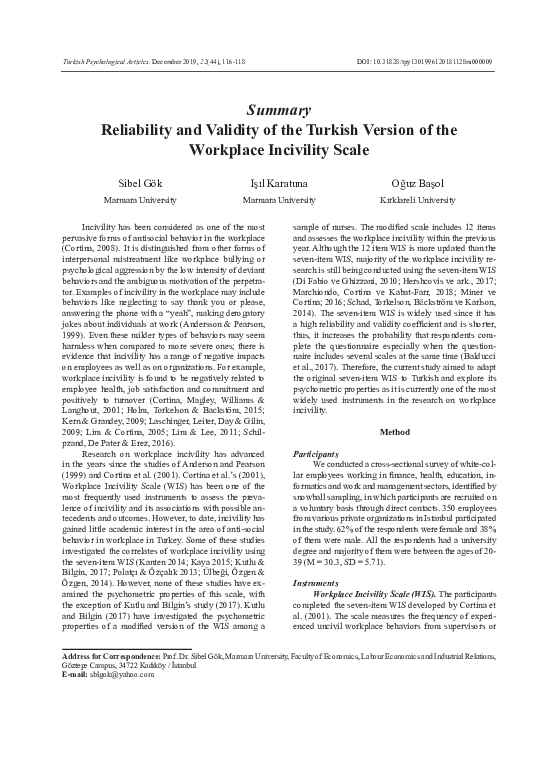 (PDF) Summary Reliability and Validity of the Turkish Version of the ...
