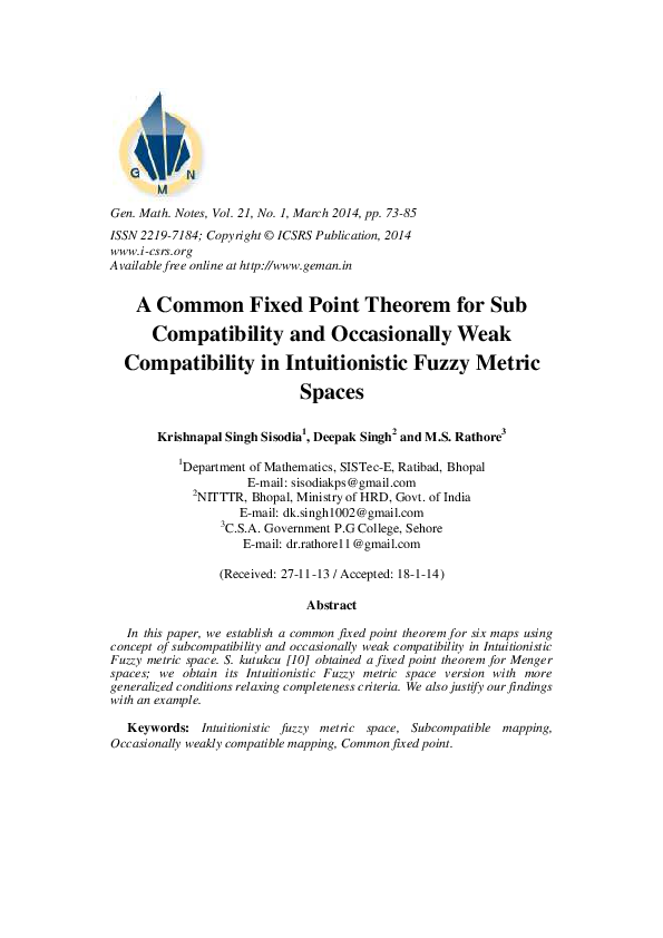 (PDF) A Common Fixed Point Theorem for Sub Compatibility and Occasionally Weak Compatibility in ...