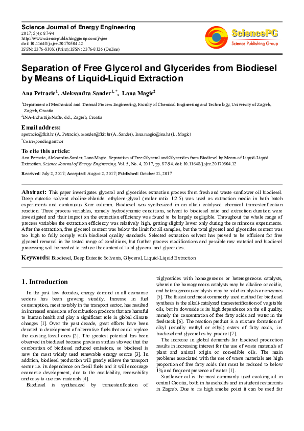 (PDF) Separation of Free Glycerol and Glycerides from Biodiesel by ...