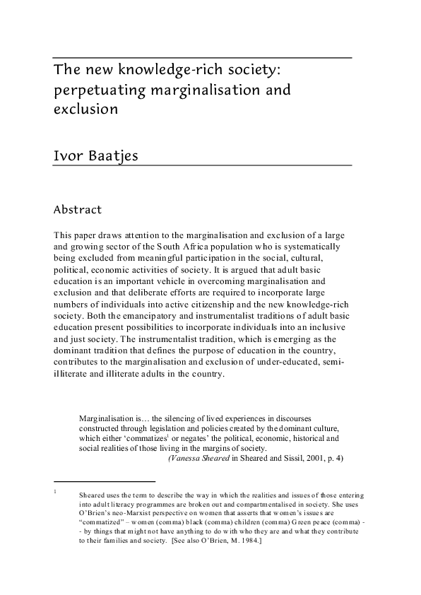(PDF) The new knowledge-rich society: perpetuating marginalisation and ...