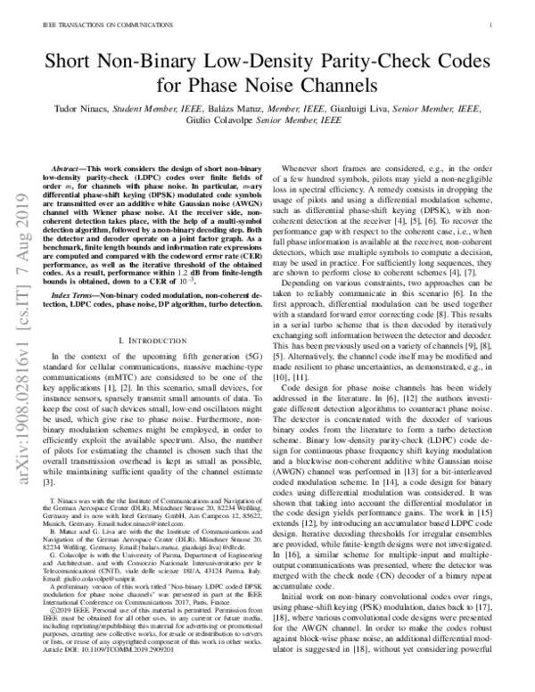 (PDF) Short Non-Binary Low-Density Parity-Check Codes for Phase Noise Channels