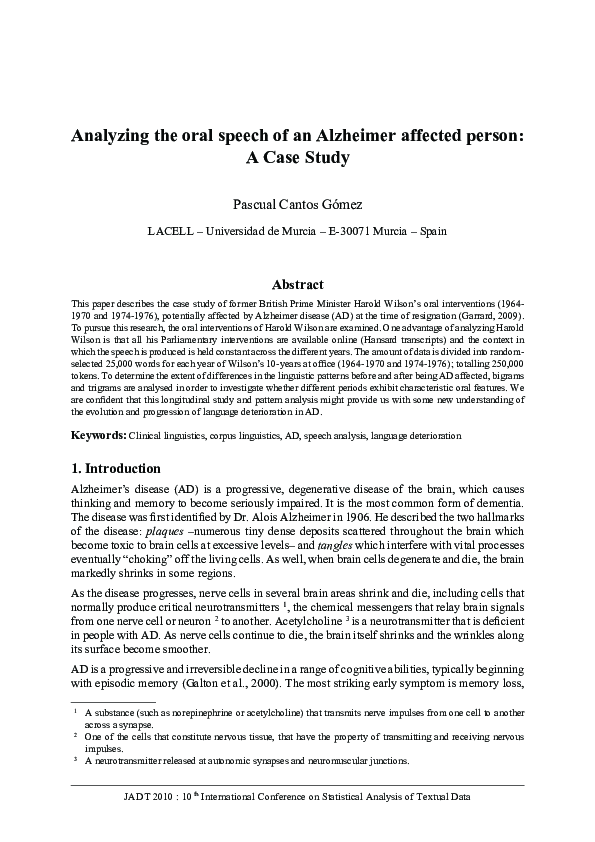 (PDF) Analyzing the oral speech of an Alzheimer affected person: A Case ...