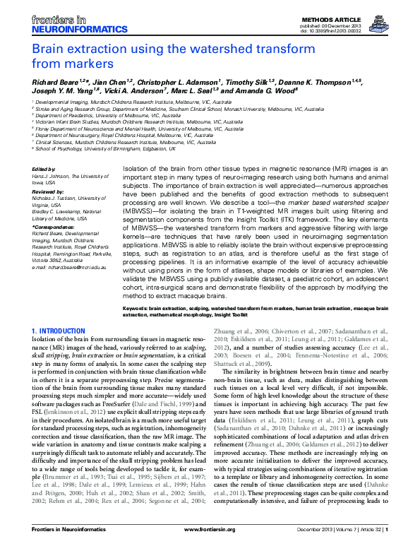 (PDF) Brain extraction using the watershed transform from markers