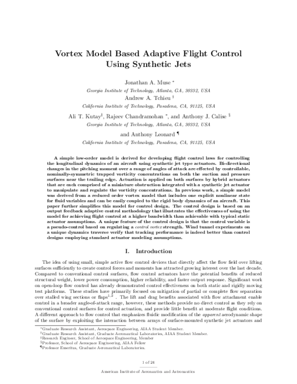 (PDF) Vortex model based adaptive flight control using synthetic jets