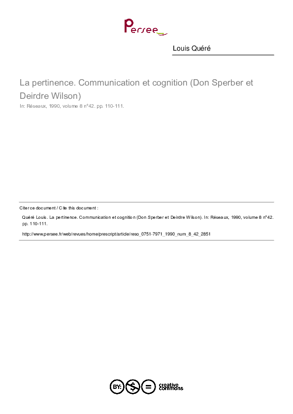 (PDF) La pertinence. Communication et cognition (Don Sperber et Deirdre ...