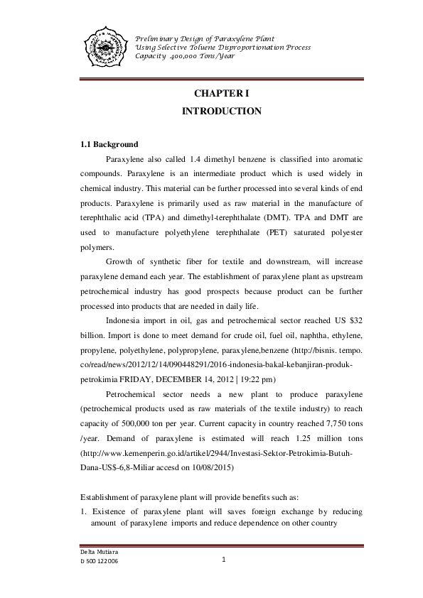 (PDF) Preliminary Design Of Paraxylene Plant Using Selective Toluene ...
