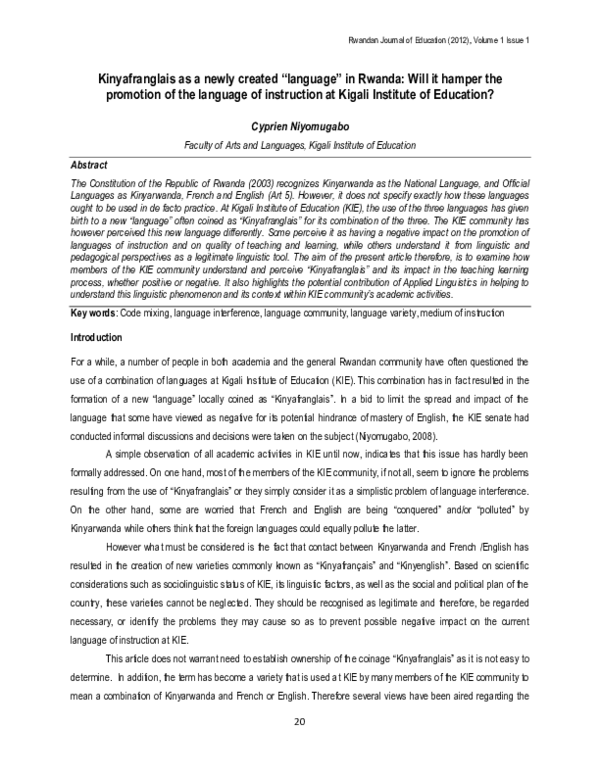 (PDF) Kinyafranglais as a newly created “language” in Rwanda: Will it ...