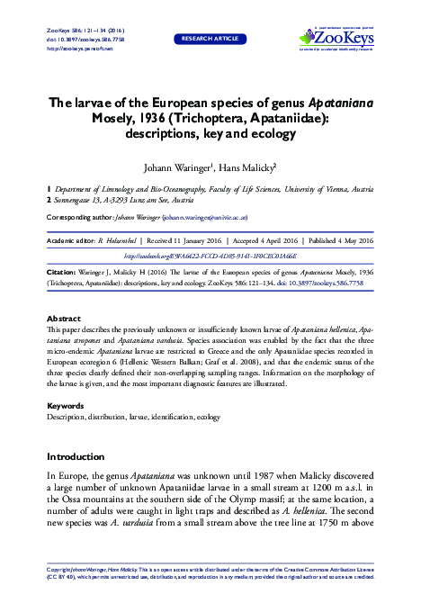 (PDF) The larvae of the European species of genus Apataniana Mosely ...