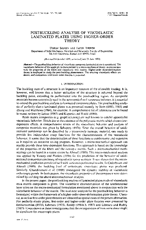 Pdf Postbuckling Analysis Of Viscoelastic Laminated Plates Using Higher Order Theory