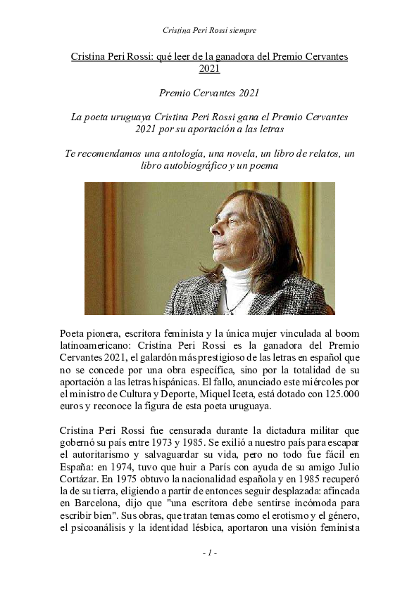 (PDF) Cristina Peri Rossi: qué leer de la ganadora del Premio Cervantes ...