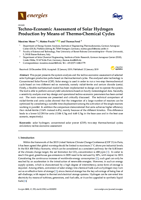 (PDF) Techno-Economic Assessment of Solar Hydrogen Production by Means ...