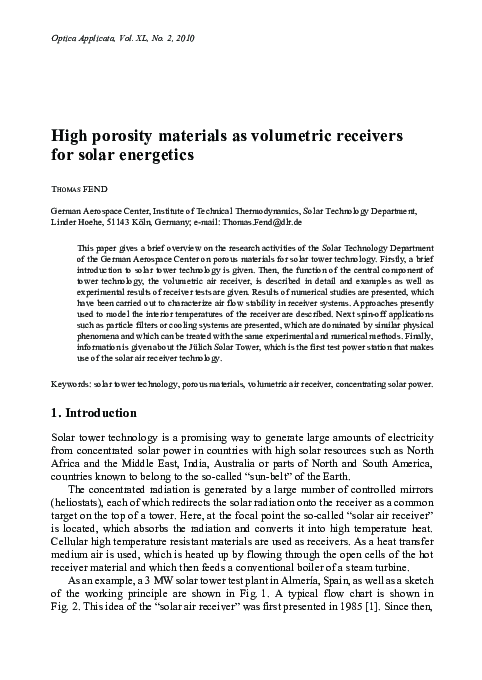 (PDF) High Porosity materials as volumetric receivers for solar energetics
