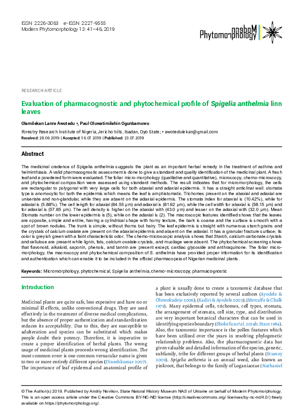 (PDF) Evaluation of pharmacognostic and phytochemical profile of Spigelia anthelmia linn leaves