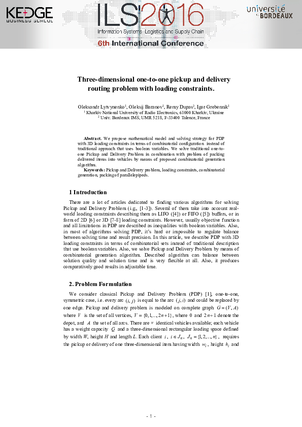 Pdf Three Dimensional One To One Pickup And Delivery Routing Problem With Loading Constraints