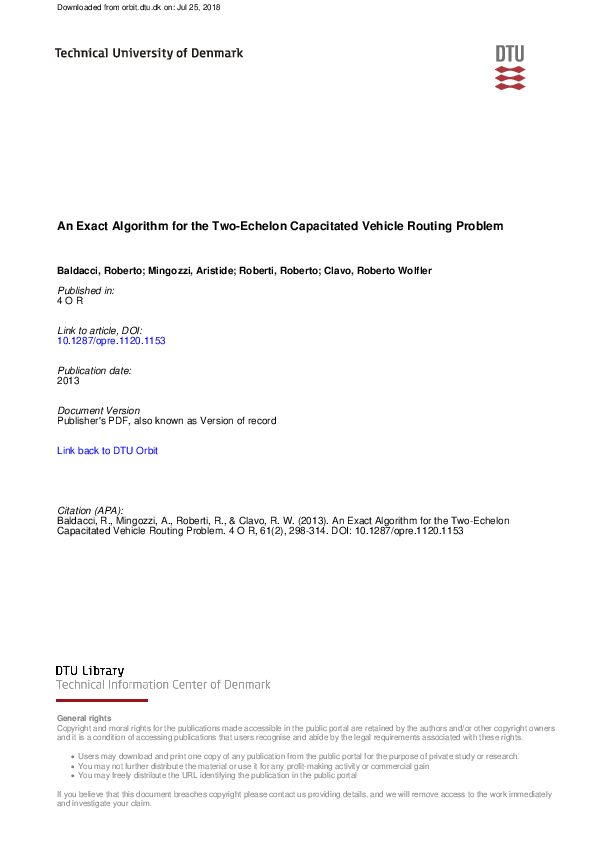 Pdf An Exact Algorithm For The Two Echelon Capacitated Vehicle