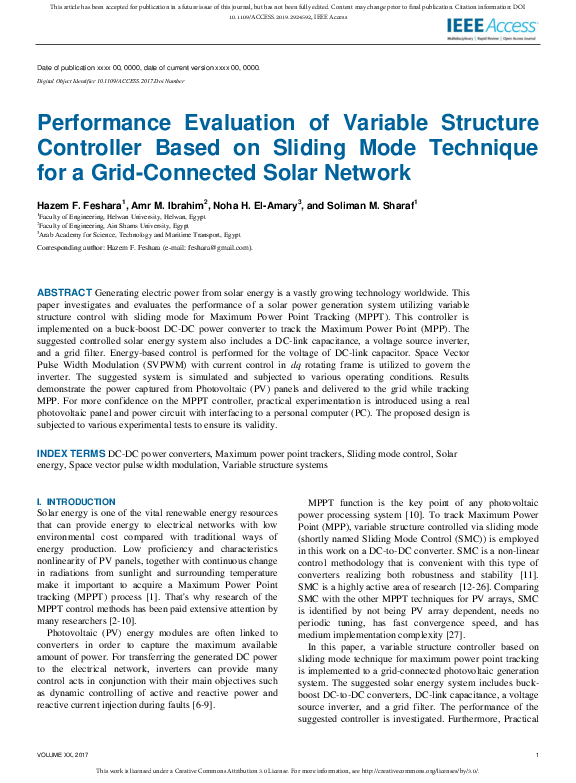 Pdf Performance Evaluation Of Variable Structure Controller Based On Sliding Mode Technique