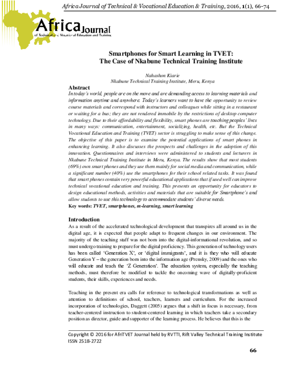(PDF) Smartphones for Smart Learning in TVET: The Case of Nkabune ...
