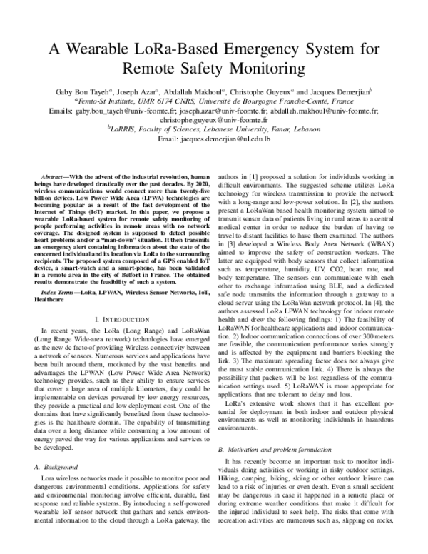 (PDF) A Wearable LoRa-Based Emergency System for Remote Safety Monitoring