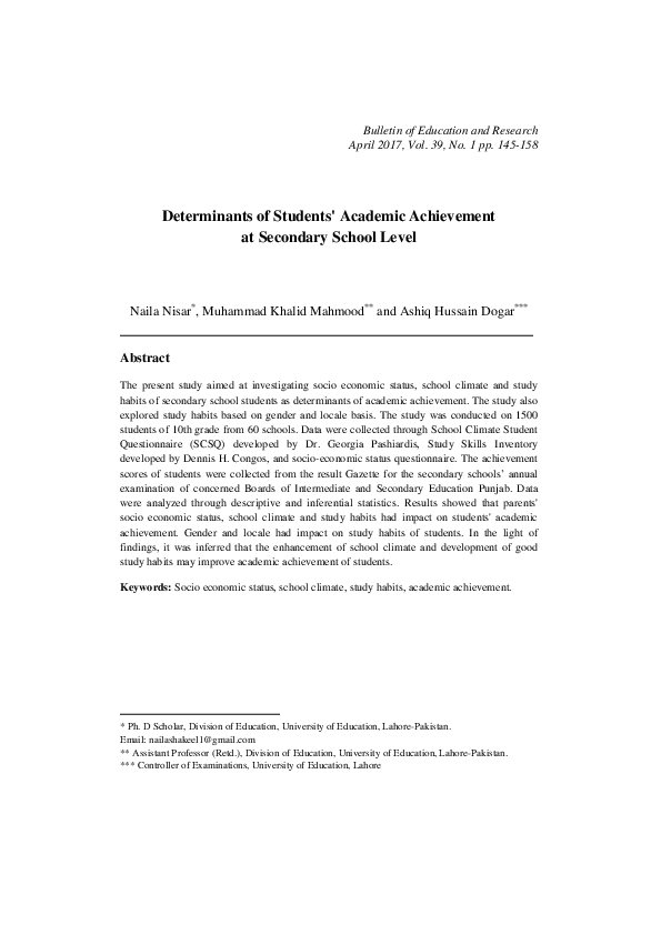 (PDF) Determinants of Students' Academic Achievement at Secondary ...