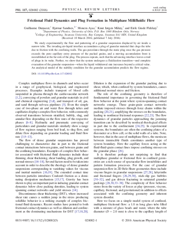 (PDF) Frictional Fluid Dynamics and Plug Formation in Multiphase Millifluidic Flow