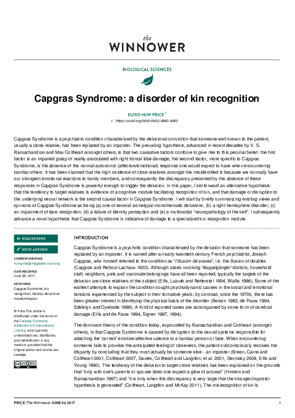 (PDF) Capgras Syndrome: a disorder of kin recognition