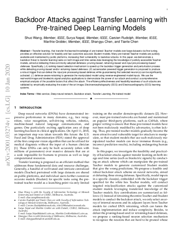 (PDF) Backdoor Attacks against Transfer Learning with Pre-trained Deep Learning Models