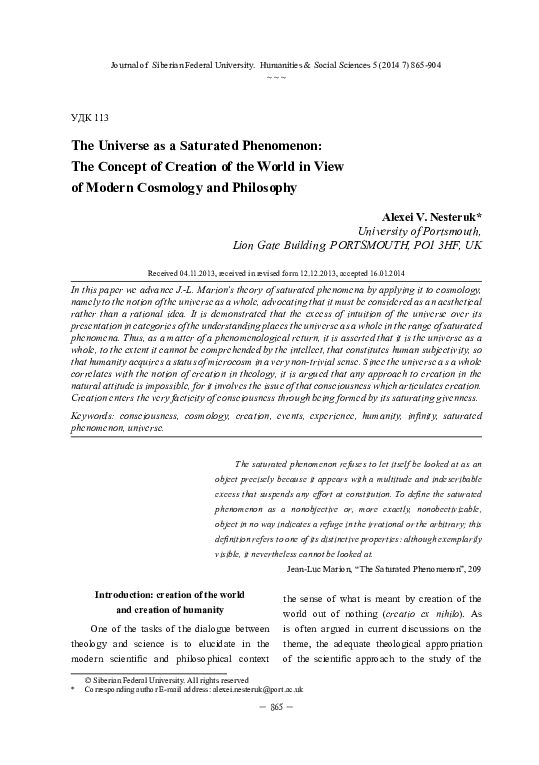(PDF) The Universe as a Saturated Phenomenon: The Concept of Creation ...