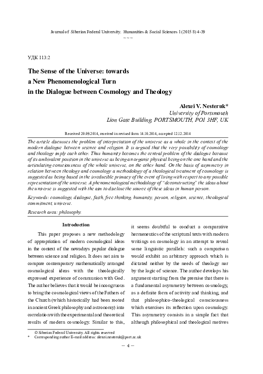 (PDF) The Sense of the Universe: towards a New Phenomenological Turn in ...