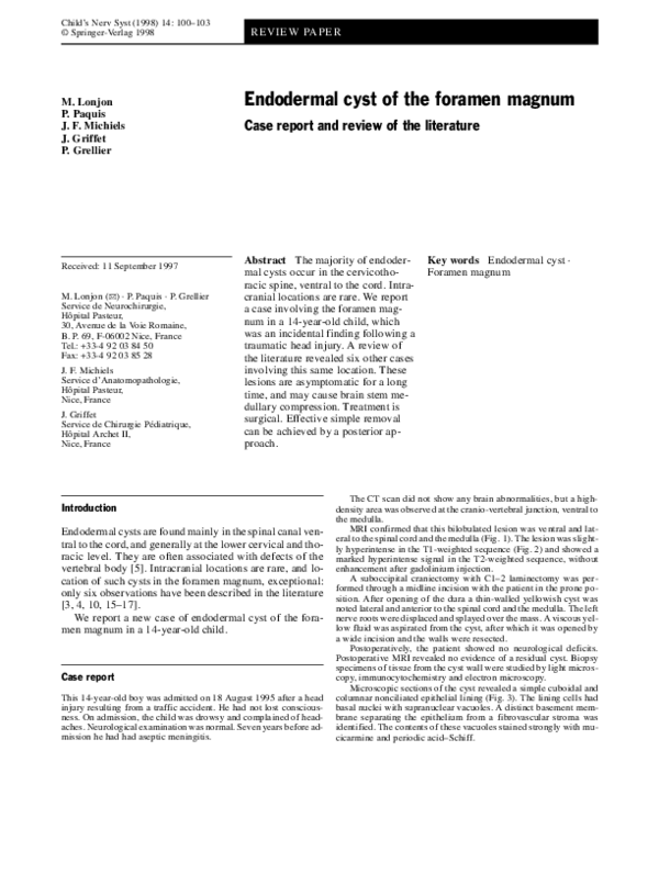 (PDF) Endodermal cyst of the foramen magnum Case report and review of ...
