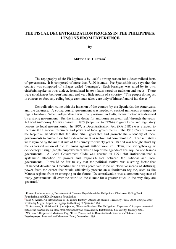 (PDF) The Fiscal Decentralization Process in the Philippines: Lessons ...