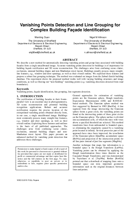 (PDF) Vanishing points detection and line grouping for complex building facade identification