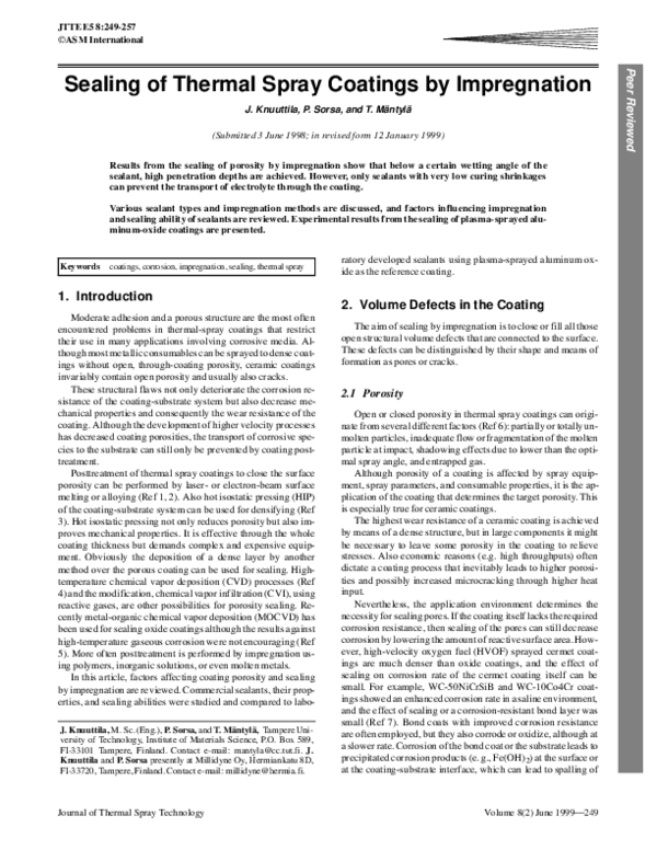 (PDF) Sealing of thermal spray coatings by impregnation