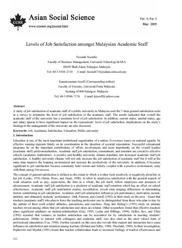 (PDF) Levels of Job Satisfaction amongst Malaysian Academic Staff
