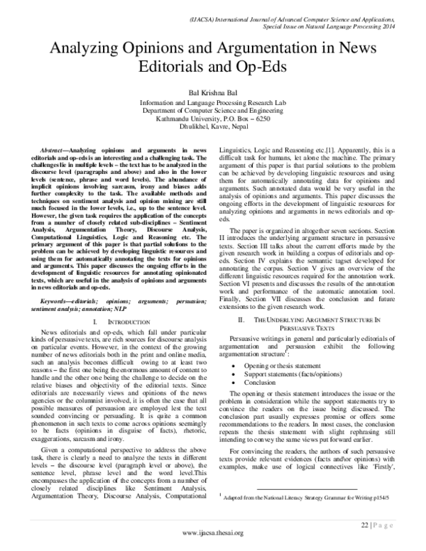 (PDF) Analyzing Opinions and Argumentation in News Editorials and Op-Eds