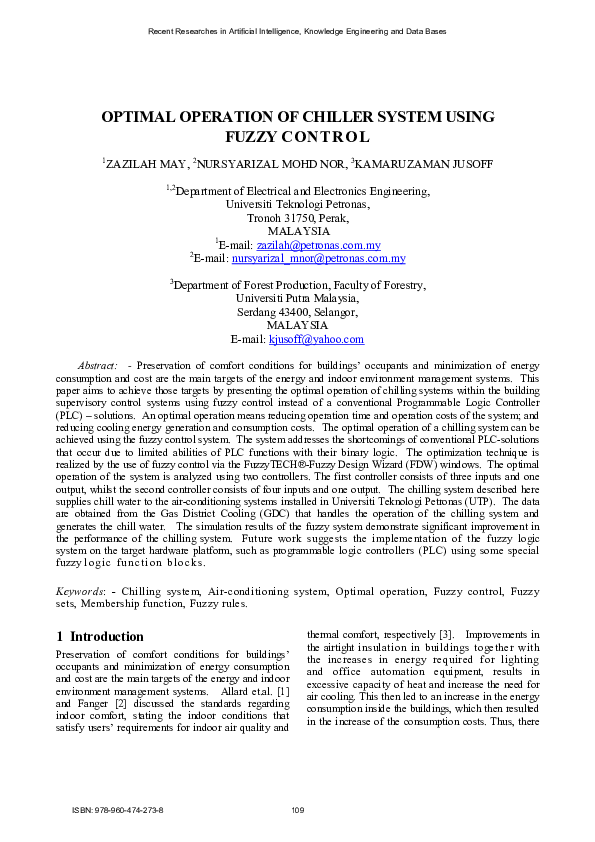 (PDF) Optimal operation of chiller system using fuzzy control