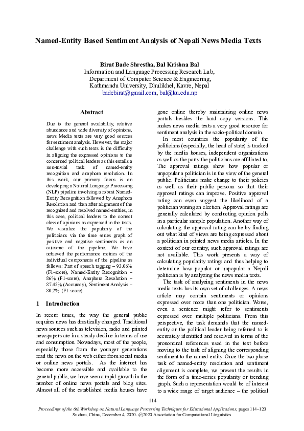 (PDF) Named-Entity Based Sentiment Analysis of Nepali News Media Texts ...